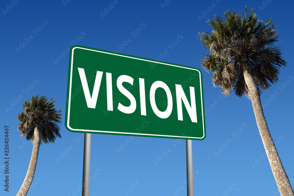 Vision sign and palm trees for goal and plan implementation concept ...