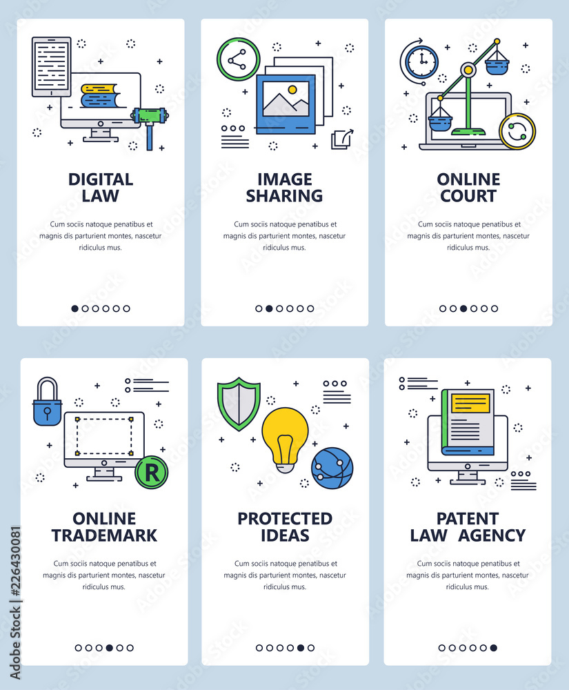 Vector web site linear art onboarding screens template. Digital law and ...