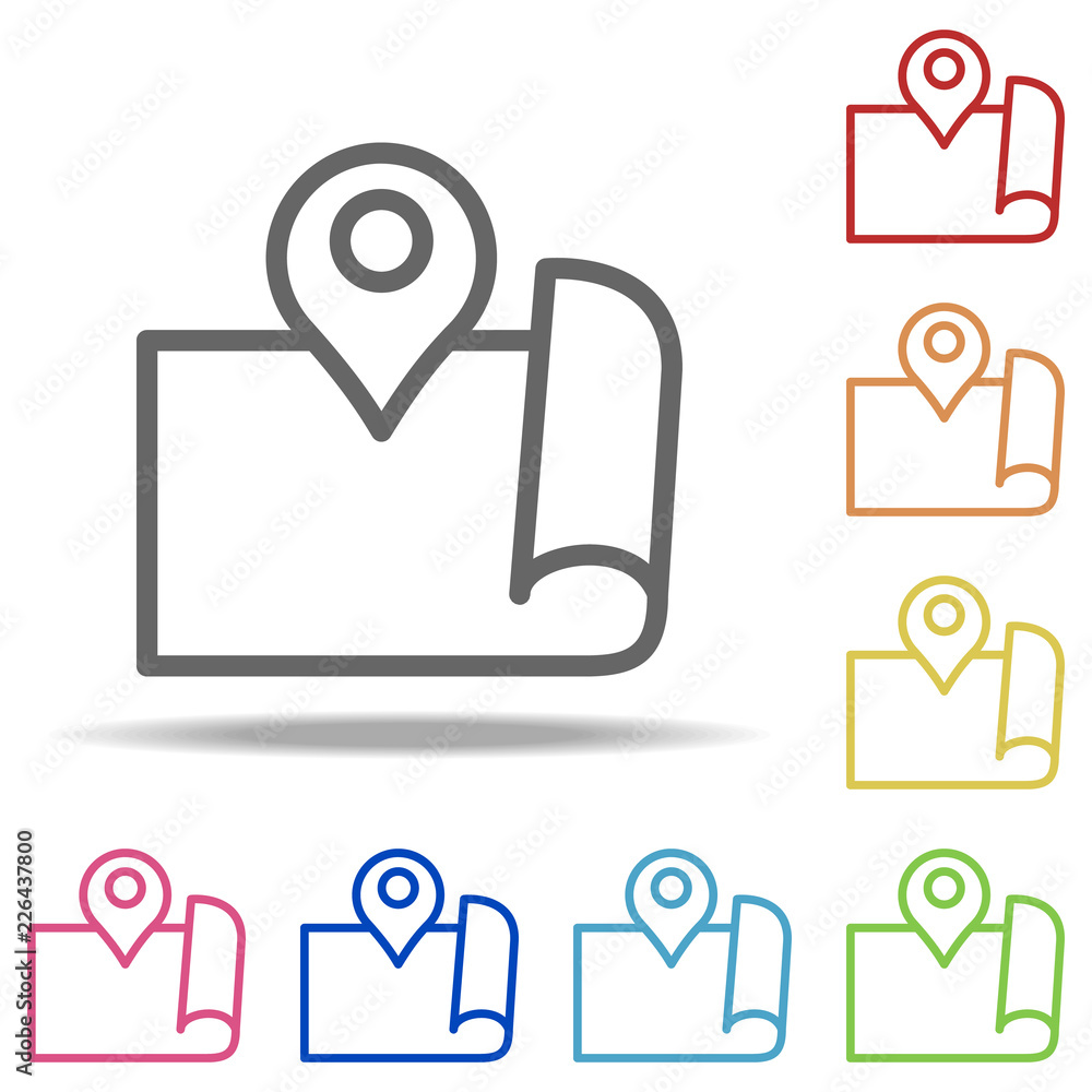 expanded map with pin icon. Elements of Navigation in multi colored ...