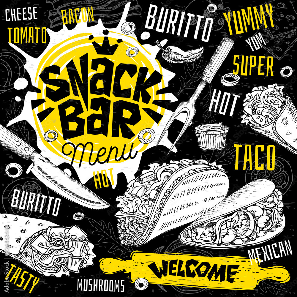 Snack bar cafe restaurant menu. Mexican, Taco, burrito fast food poster ...