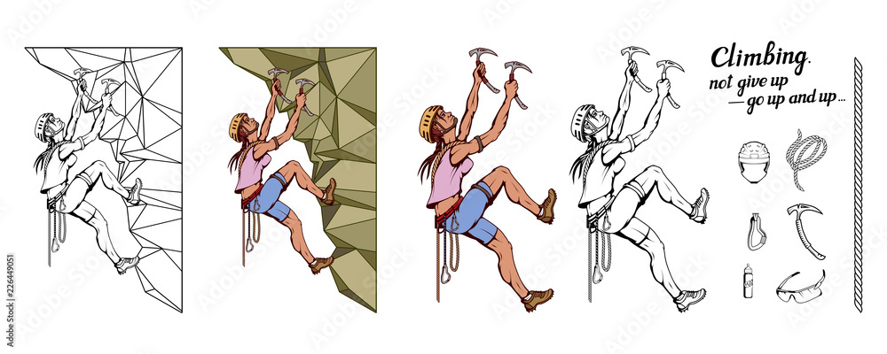 alpinist slogan with girl, woman mountaineer, alpine climbing, alpinism ...