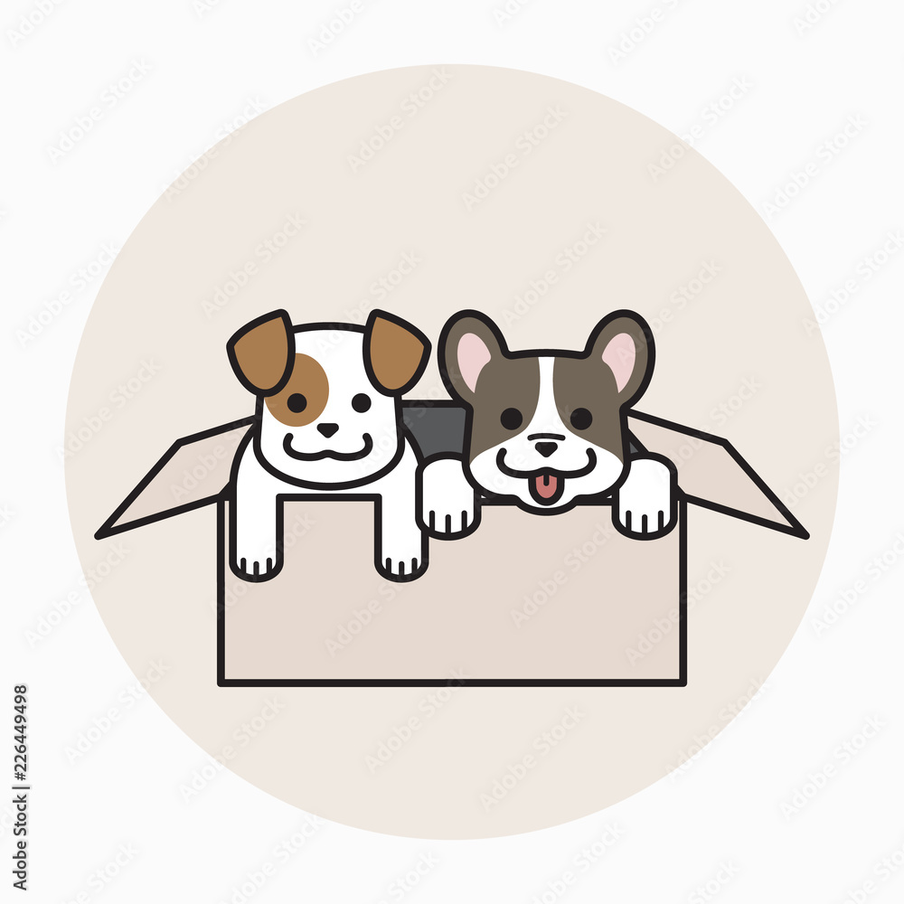 smiling puppy in cardboard box, dog adoption concept in outline cartoon ...