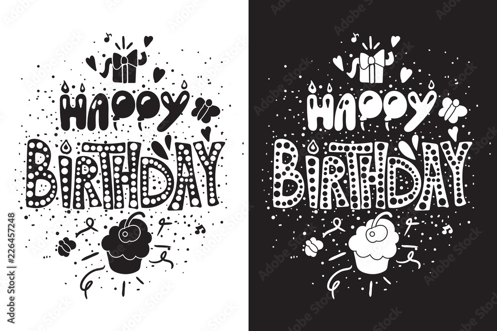 Happy Birthday Greeting Card in black white themes Stock Vector | Adobe ...