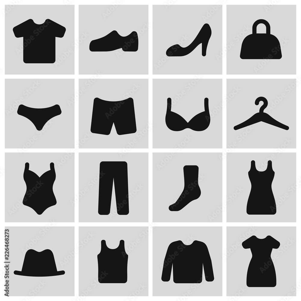 Clothes pictogram set, simple black icons, male and female clothes ...