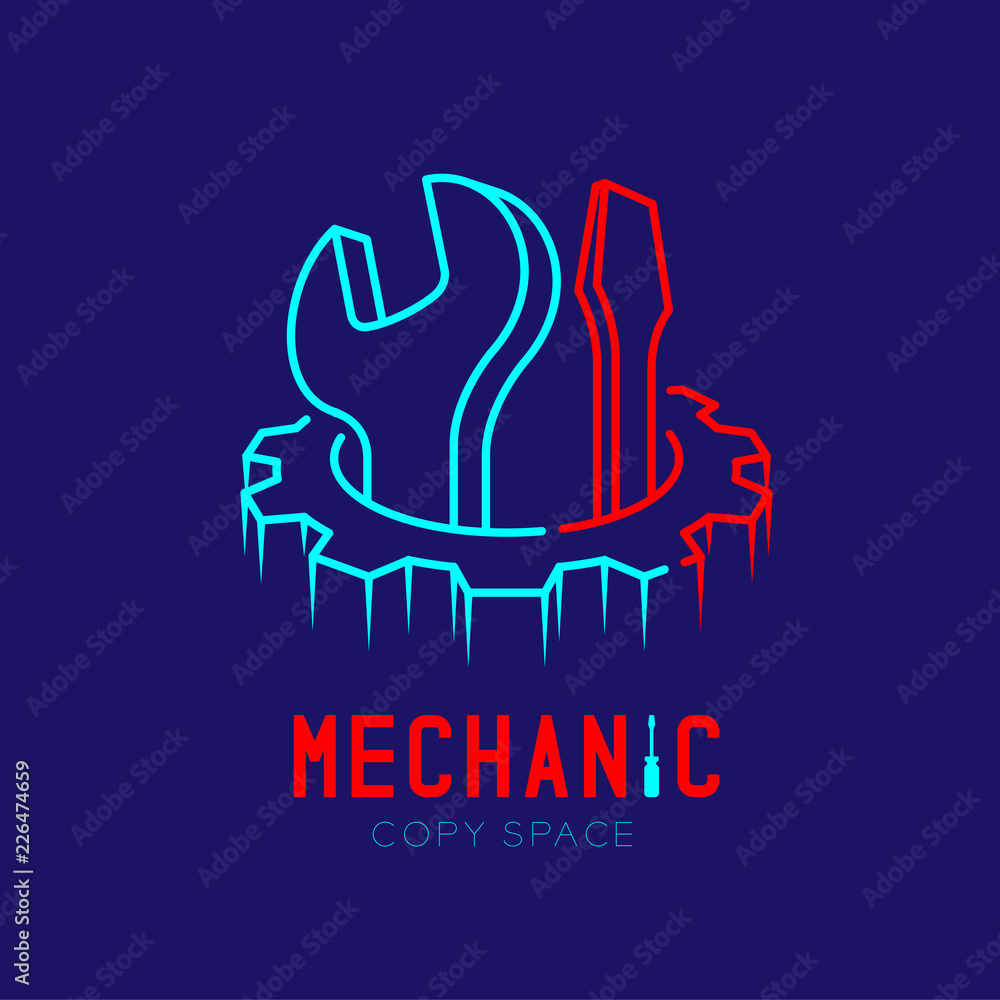 Mechanic logo icon, wrench and screwdriver in gear frame outline stroke ...