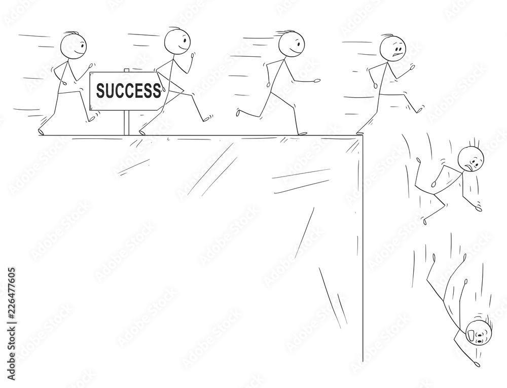 Cartoon stick drawing conceptual illustration of people following they ...