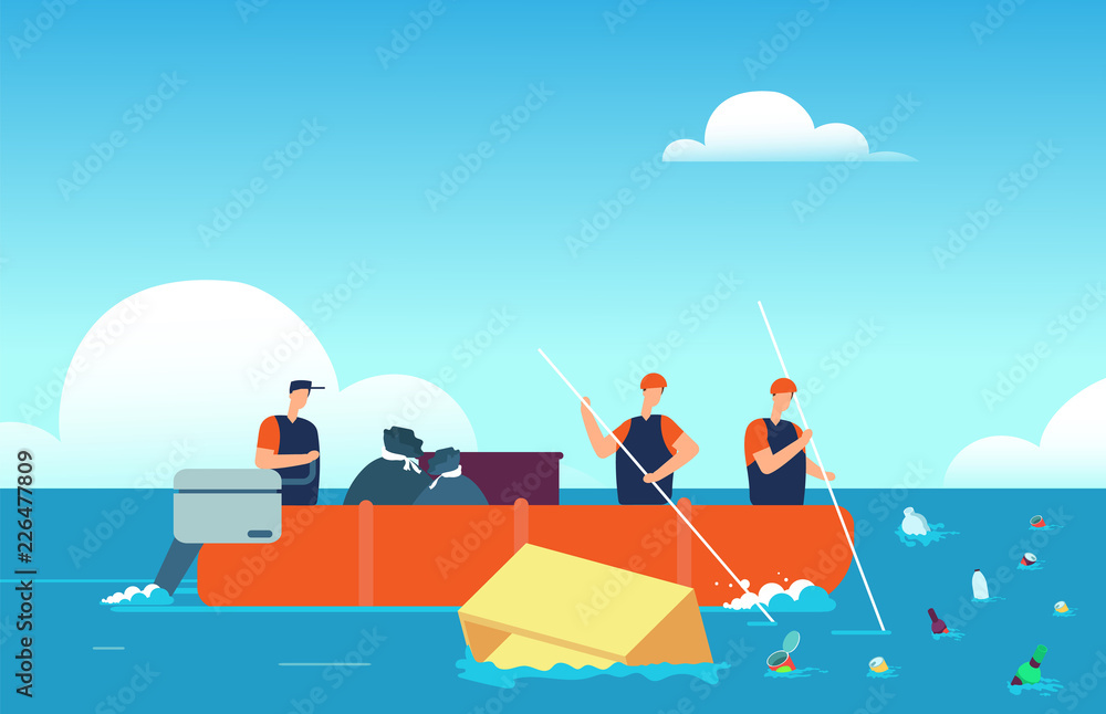 World ocean pollution. People in boat collecting plastic garbage in sea ...