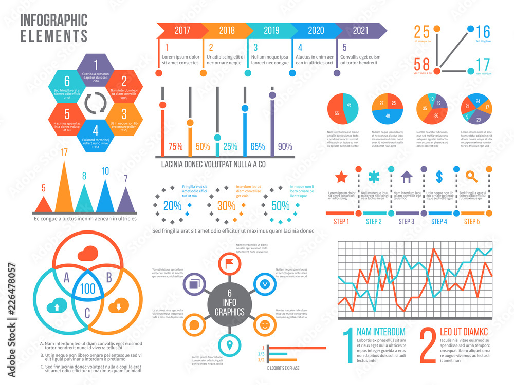 Infographics elements. Statistics chart, option flowchart and timeline ...