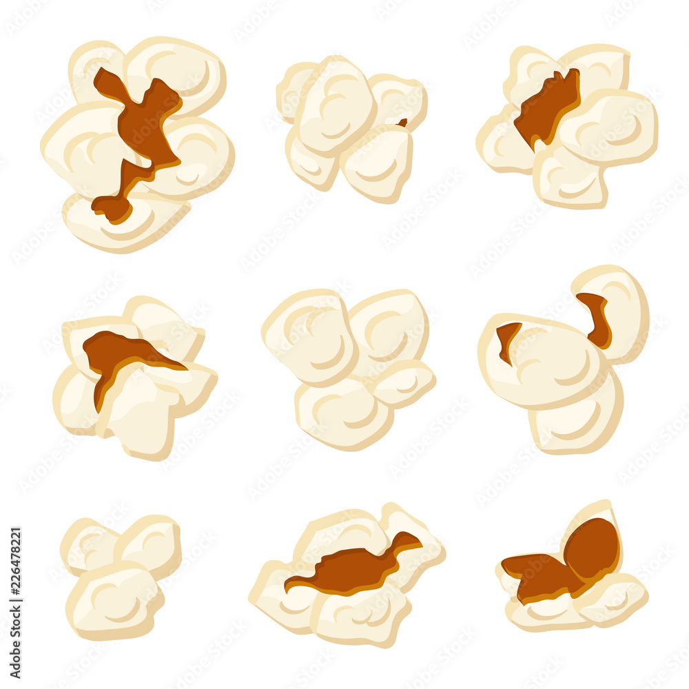 Popcorn kernels. Cartoon roasted sweetcorn vector isolated signs. Snack ...