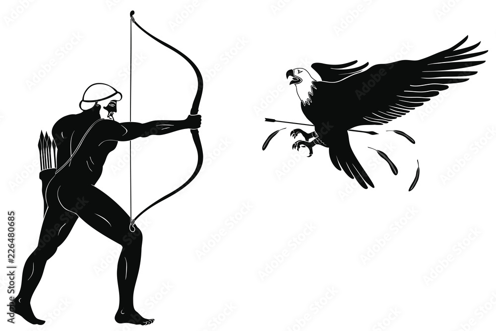 Ancient Greek warrior with a bow in his hands shoots a bird. Stock ...