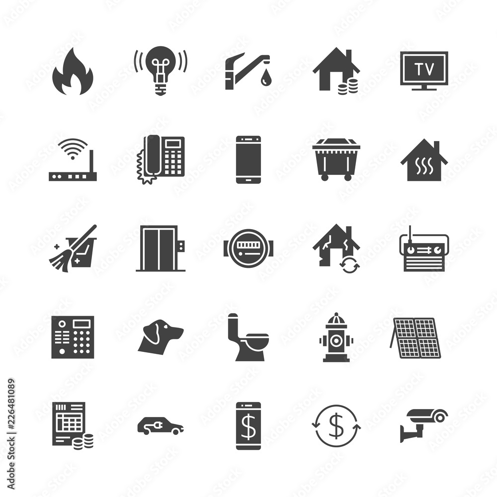 Public utilities flat glyph icons. Rent receipt, electricity water, gas ...