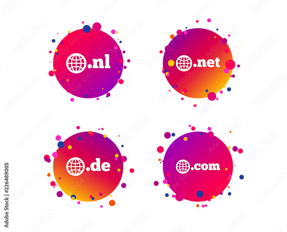 Top-level internet domain icons. De, Com, Net and Nl symbols with globe ...