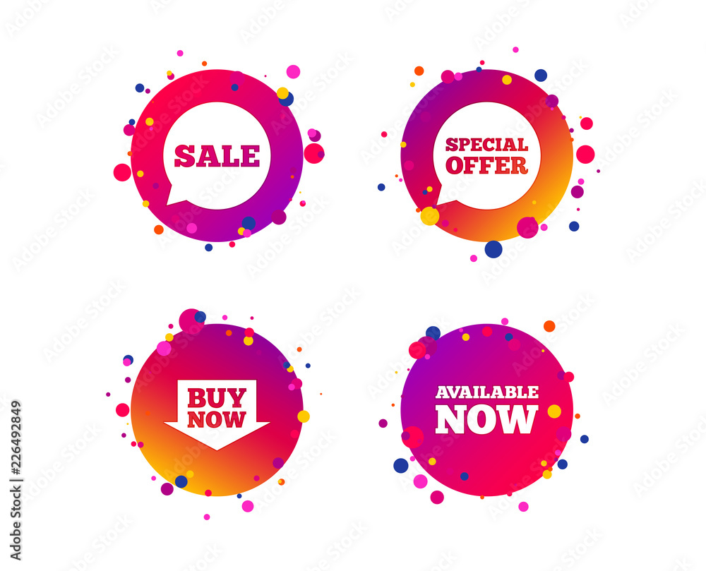 Sale icons. Special offer speech bubbles symbols. Buy now arrow ...