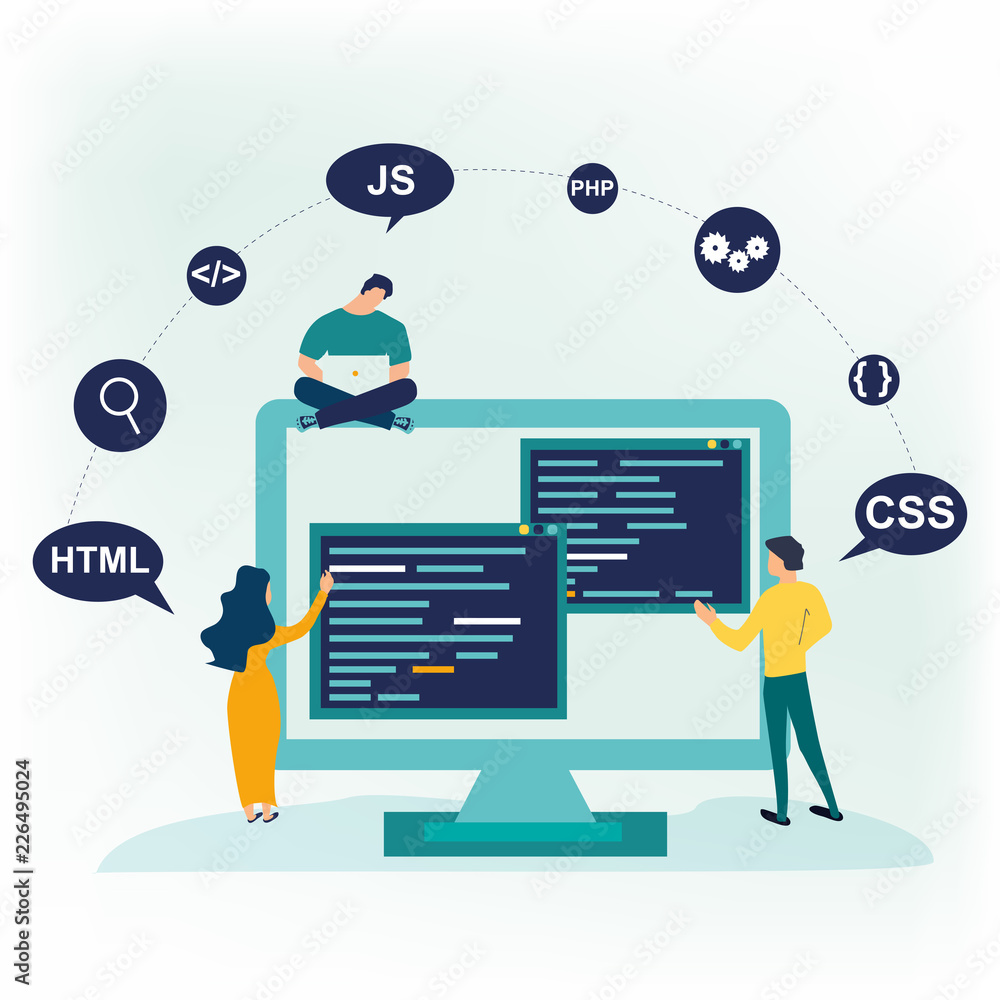 Small People Programmers Coding And Correct Errors In Project Screen With Program Code Vector