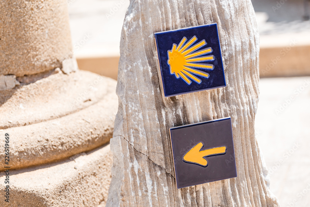 Camino de Santiago Compostela sign shells and trail marks, one of the ...
