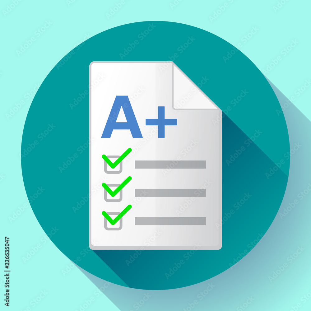Icon of successful test result. Test paper with A plus grade. Isolated ...