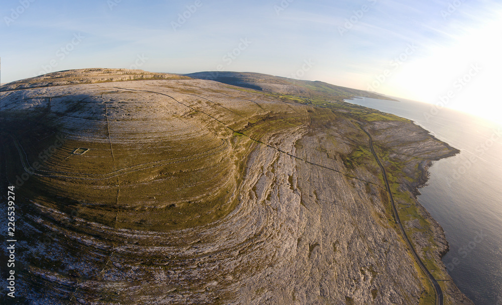 Aerial birds eye view of the burren national park. scenic tourism ...