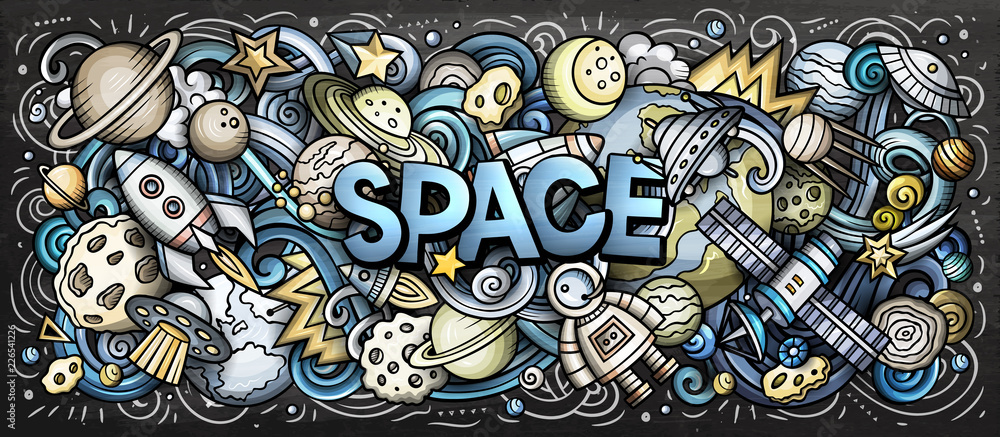 Cartoon cute doodles Space word Stock Vector | Adobe Stock