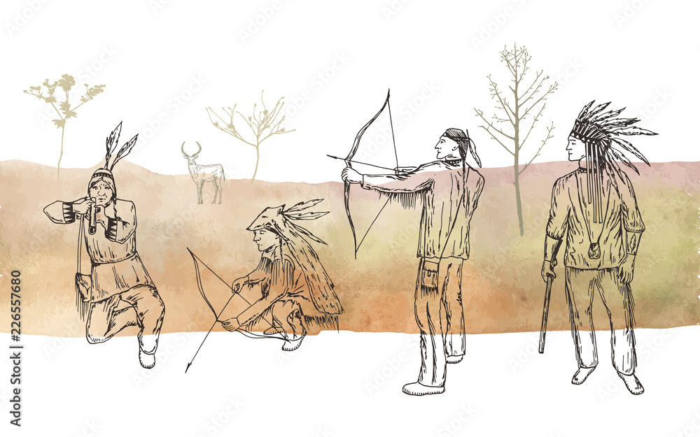 Vector objects set. Native Americans. Men on the hunt. Pen style ...