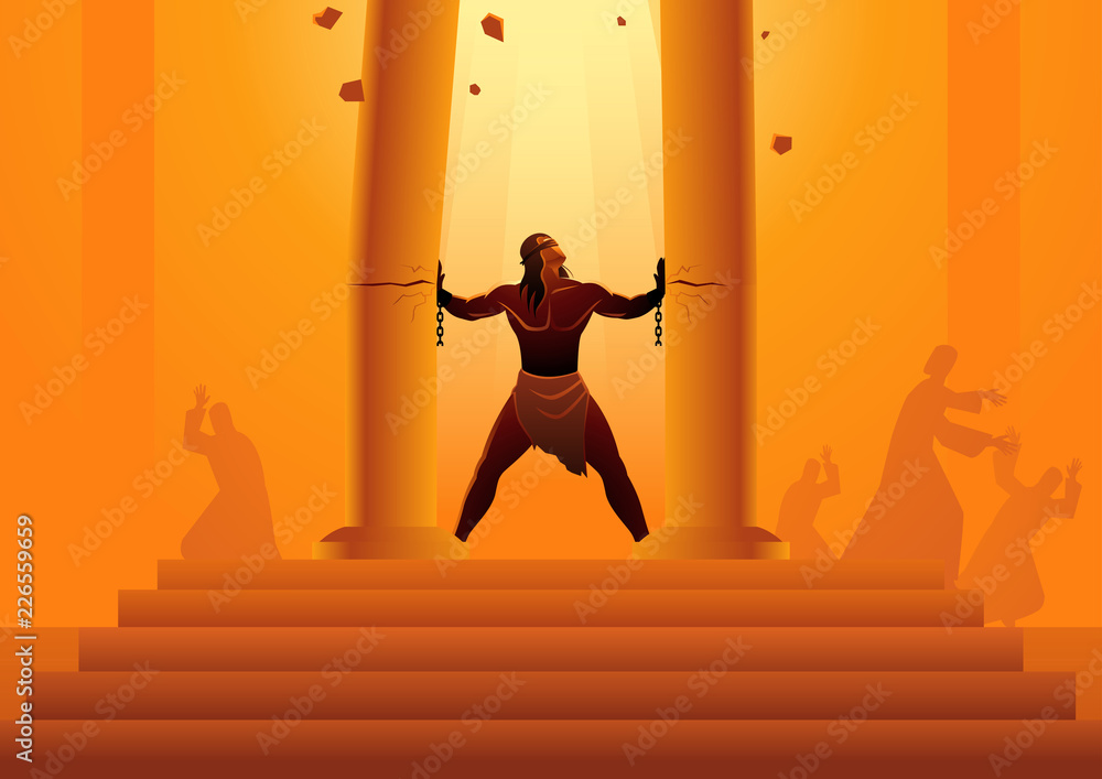 Samson held the pillars of the temple and pushing them apart Stock ...