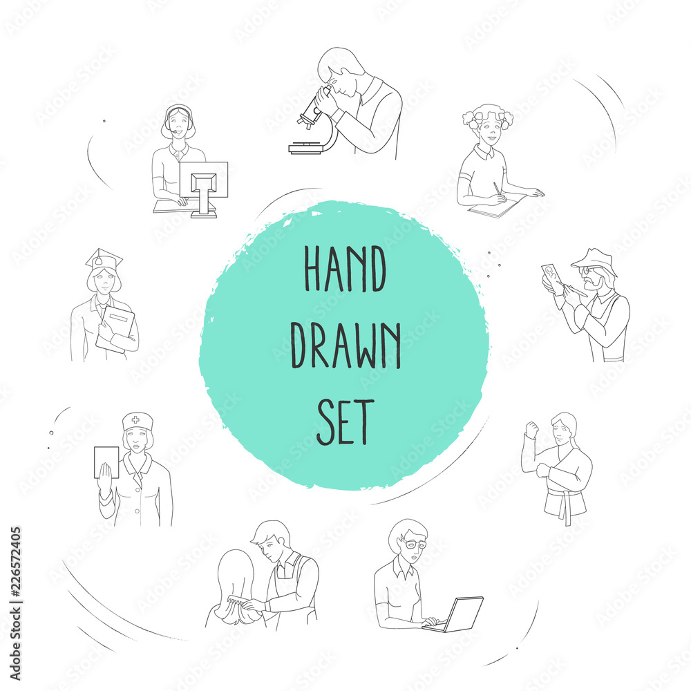 Set of job icons line style symbols with call center, scientist ...