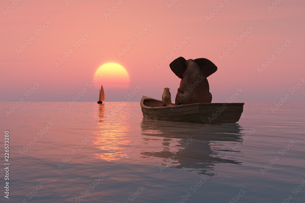 elephant and dog are floating in a boat at sunset Stock Illustration ...