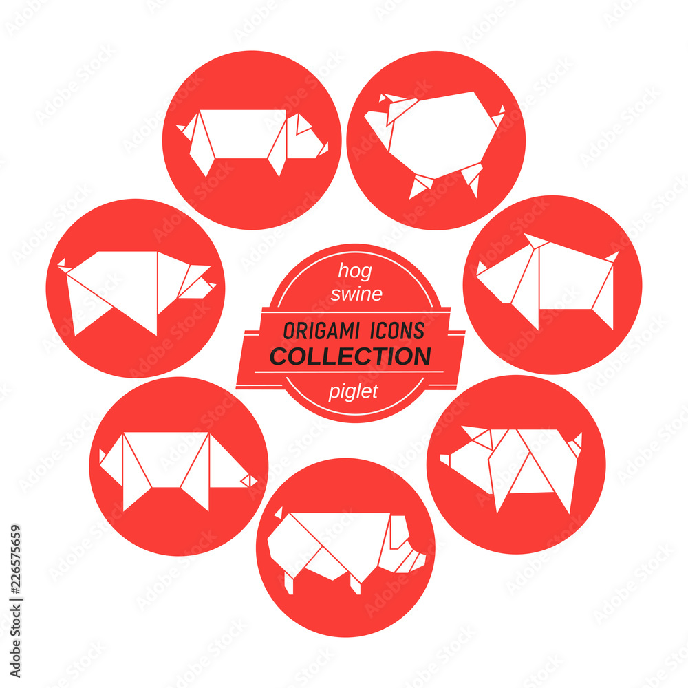Cartoon pigs icon set. Abstract white pig sign silhouette in red circle ...