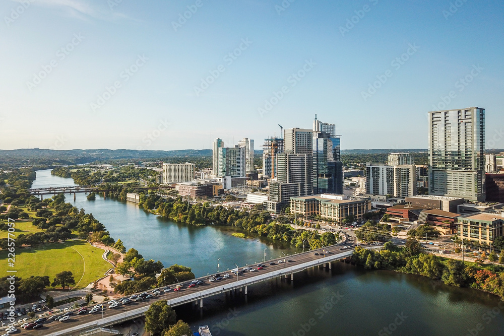 Aerial of Auston Texas from the Congress Avenue Bridge next to the ...