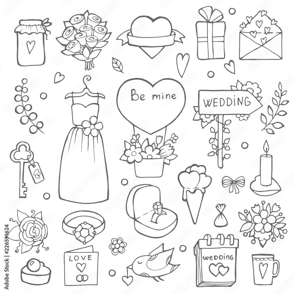Various wedding day symbols. Vector hand drawn illustrations of wedding ...
