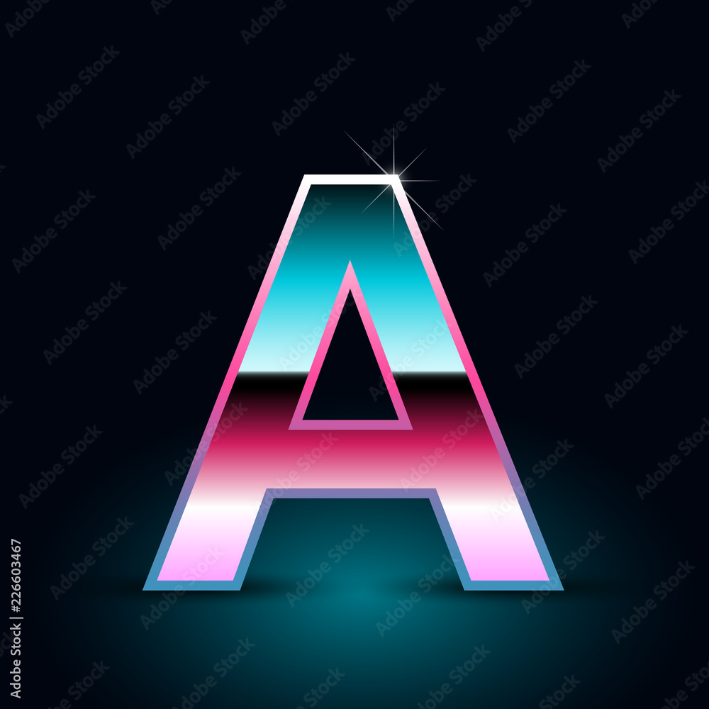 Retro letter A uppercase. 80s vector font isolated on black background ...
