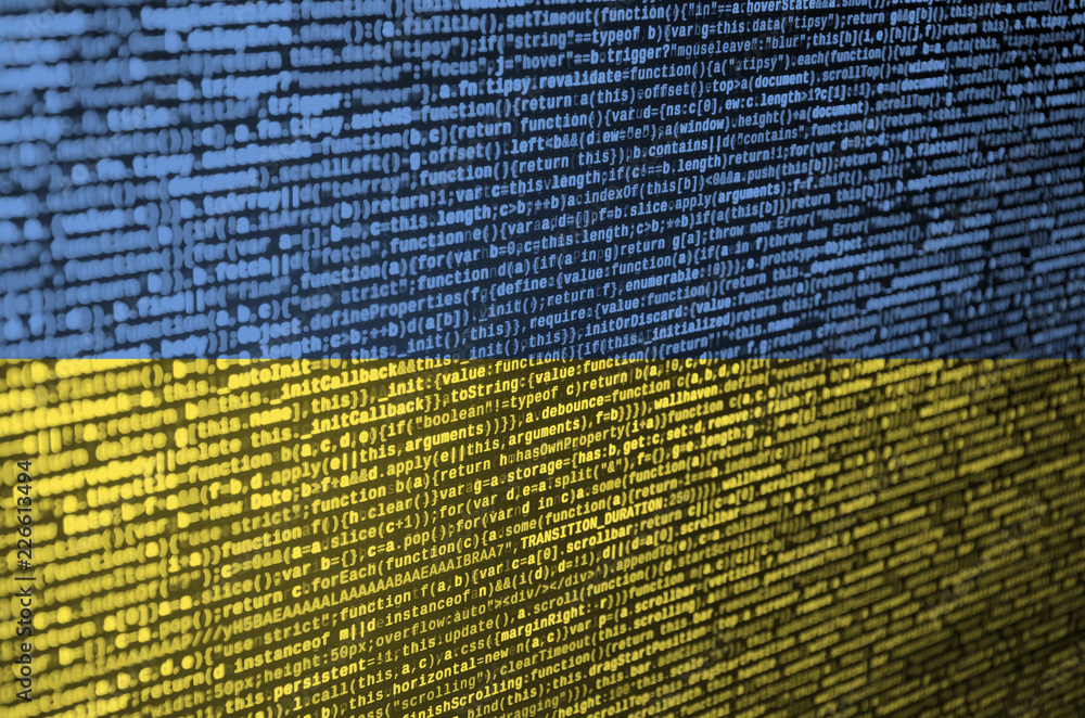Ukraine flag is depicted on the screen with the program code. The ...