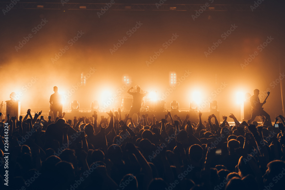 silhouettes of concert crowd in front of bright stage lights. A sold ...