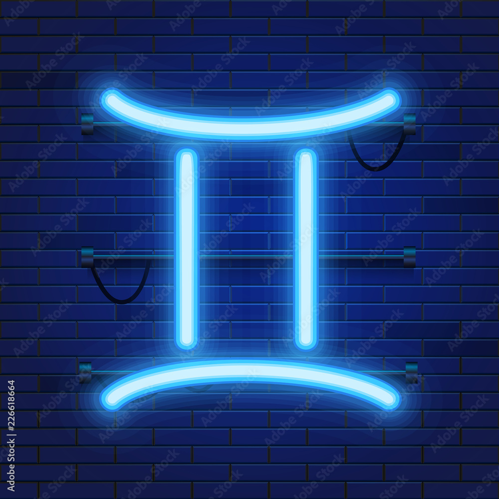 Blue shining cosmic neon zodiac Gemini symbol on brick wall background ...