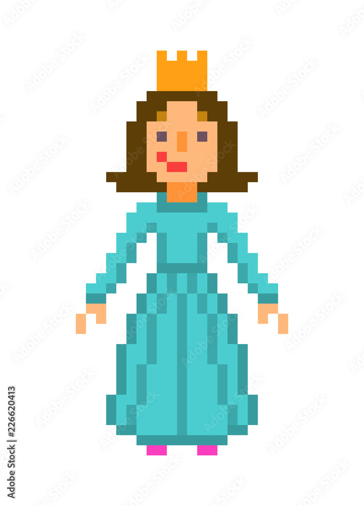 Little princess in a golden crown and a blue dress, pixel art character ...