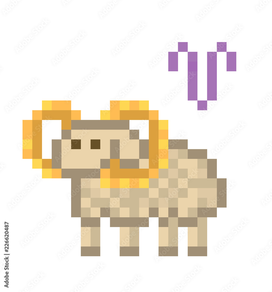 Aries Zodiac sign icon, 8 bit pixel art ram isolated on white ...