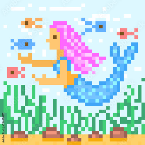 Little mermaid with pink hair swimming with fishes underwater, pixel ...