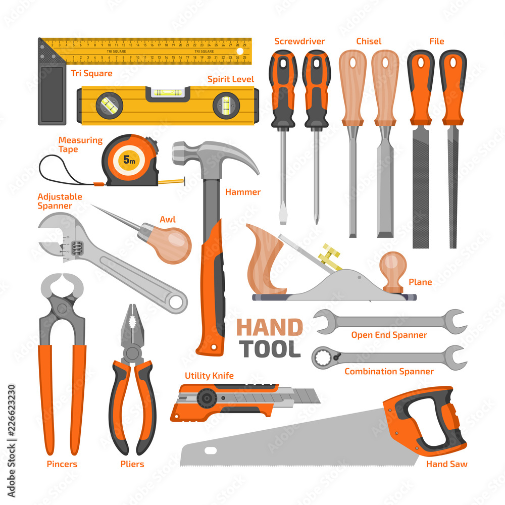 Hand tool vector construction handtools hammer pliers and screwdriver ...