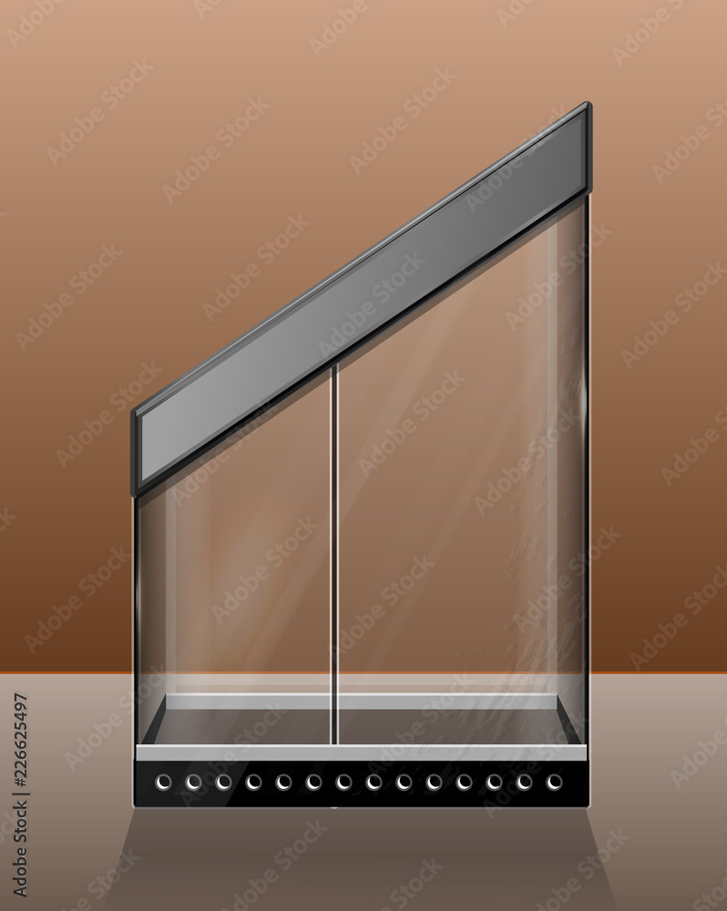 Empty glass terrarium, transparent walls with reflections. Exotic pets ...