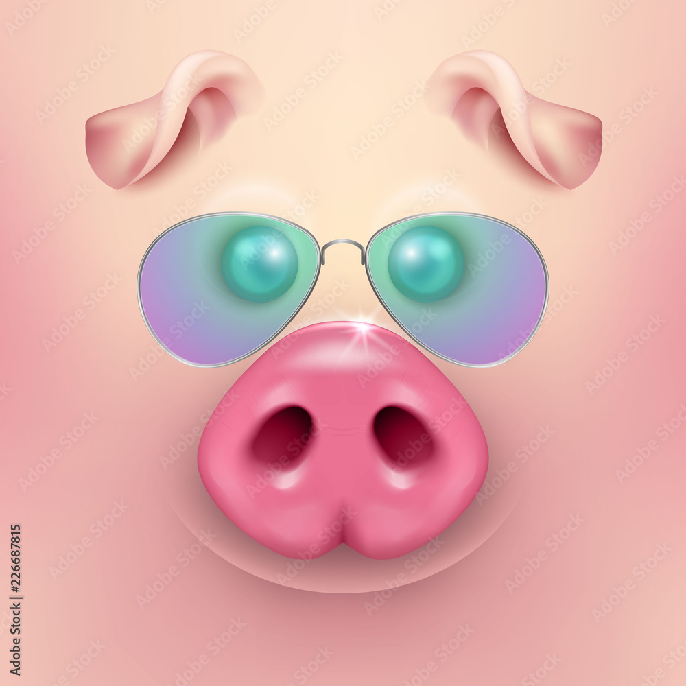Vector background with 3d funny cartoon pig face with sunglasses ...
