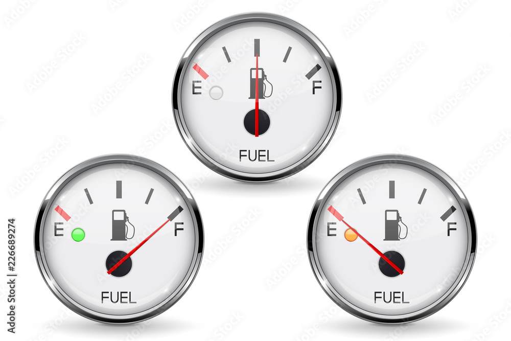 Fuel gauge. Set of round white car dashboard 3d devices with chrome ...