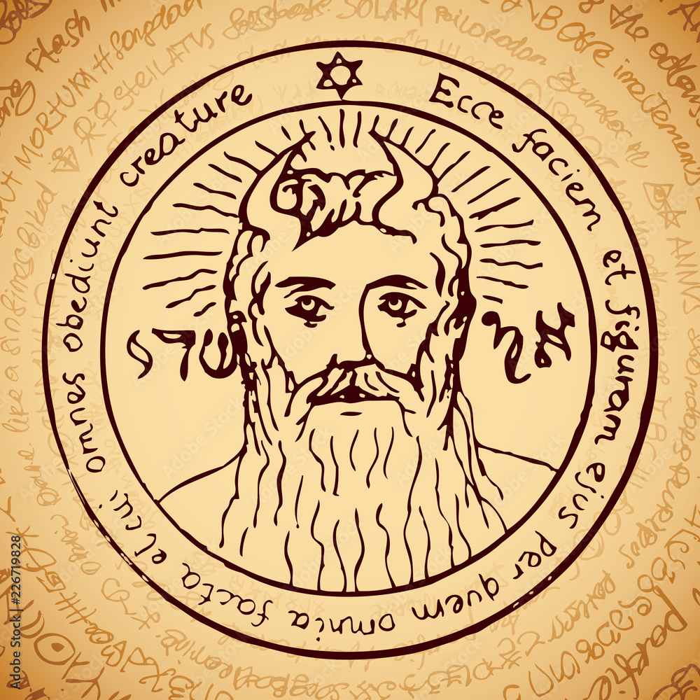 The face of the Almighty with magical inscriptions and symbols on the ...