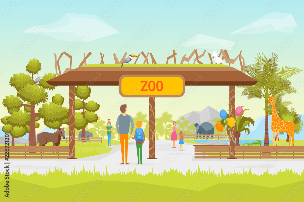 Cartoon Zoo Entrance Panorama Background Card. Vector Vektor Stok ...