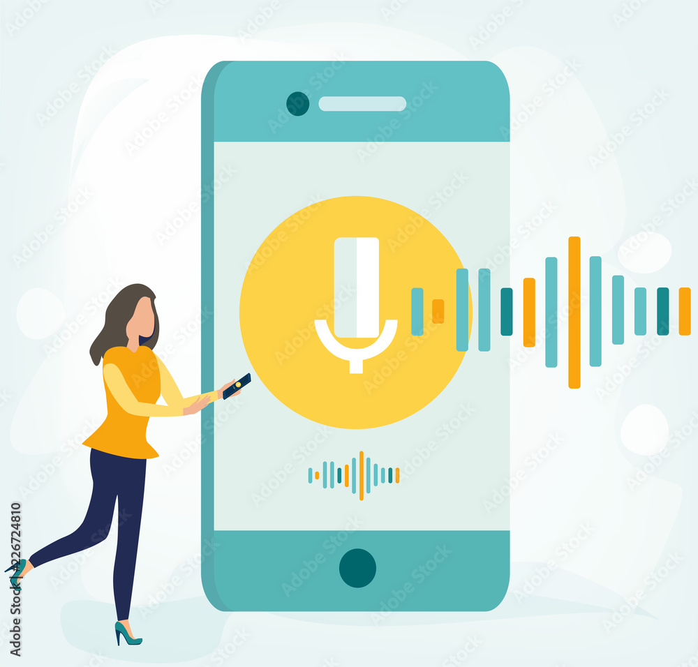 Voice recognition. Vector illustration in flat cartoon style. Woman ...