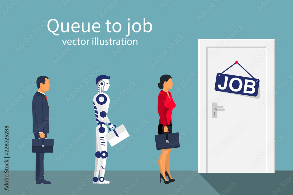 Queue to work man woman and robot. Future cooperation. Artificial ...
