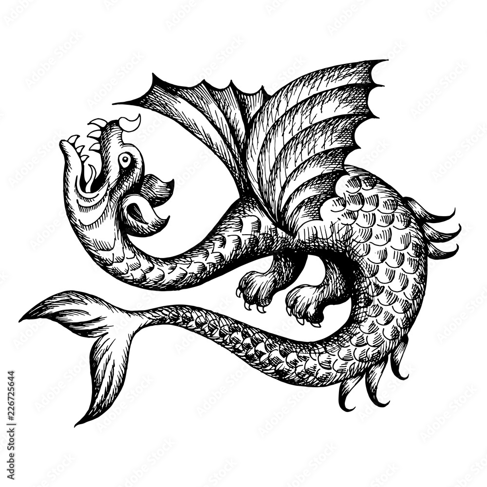 Mythological vintage sea monster. Fragment of old pirate map. Hand ...