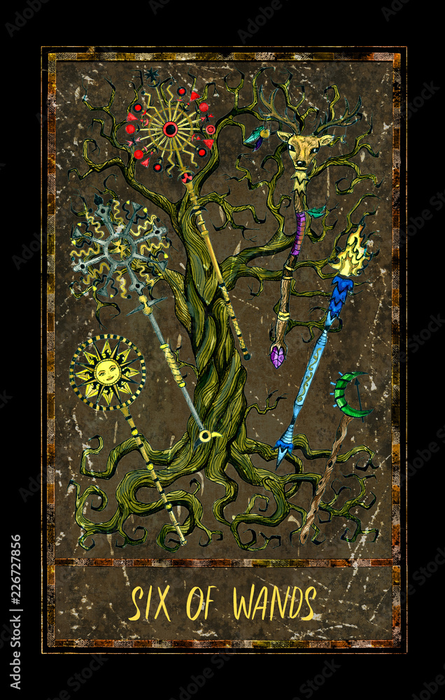 Six of wands. Minor Arcana tarot card. The Magic Gate deck. Fantasy ...