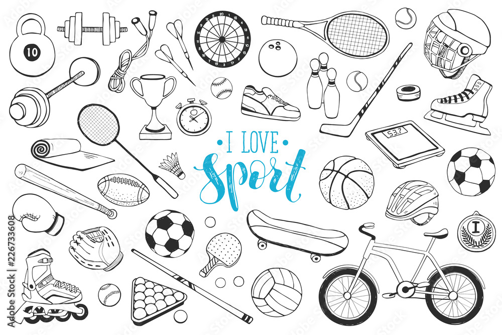 Collection of vector sport equipment. Doodle sport items illustration ...