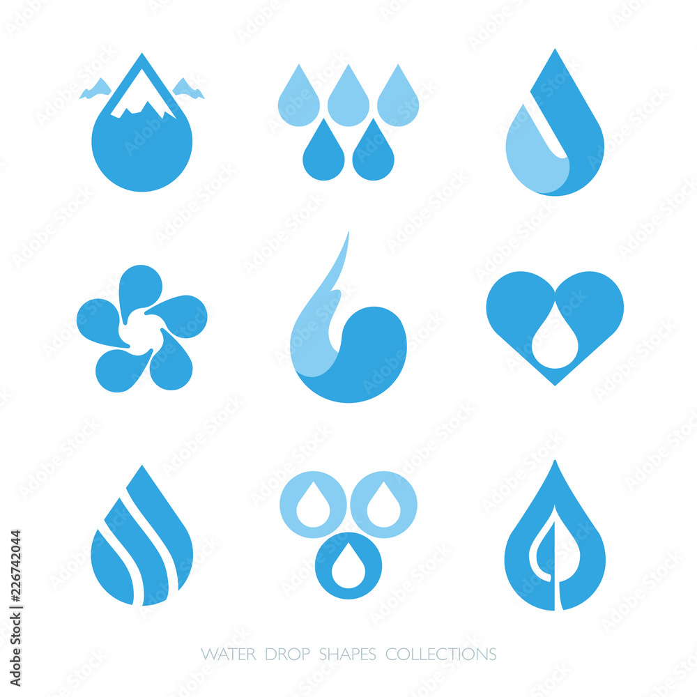 Blue water drop shapes collection. Vector icon set at 1 and 2 colors ...