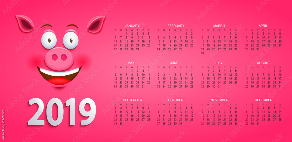 Cute calendar for 2019 year with smiling pig's face on pink background ...