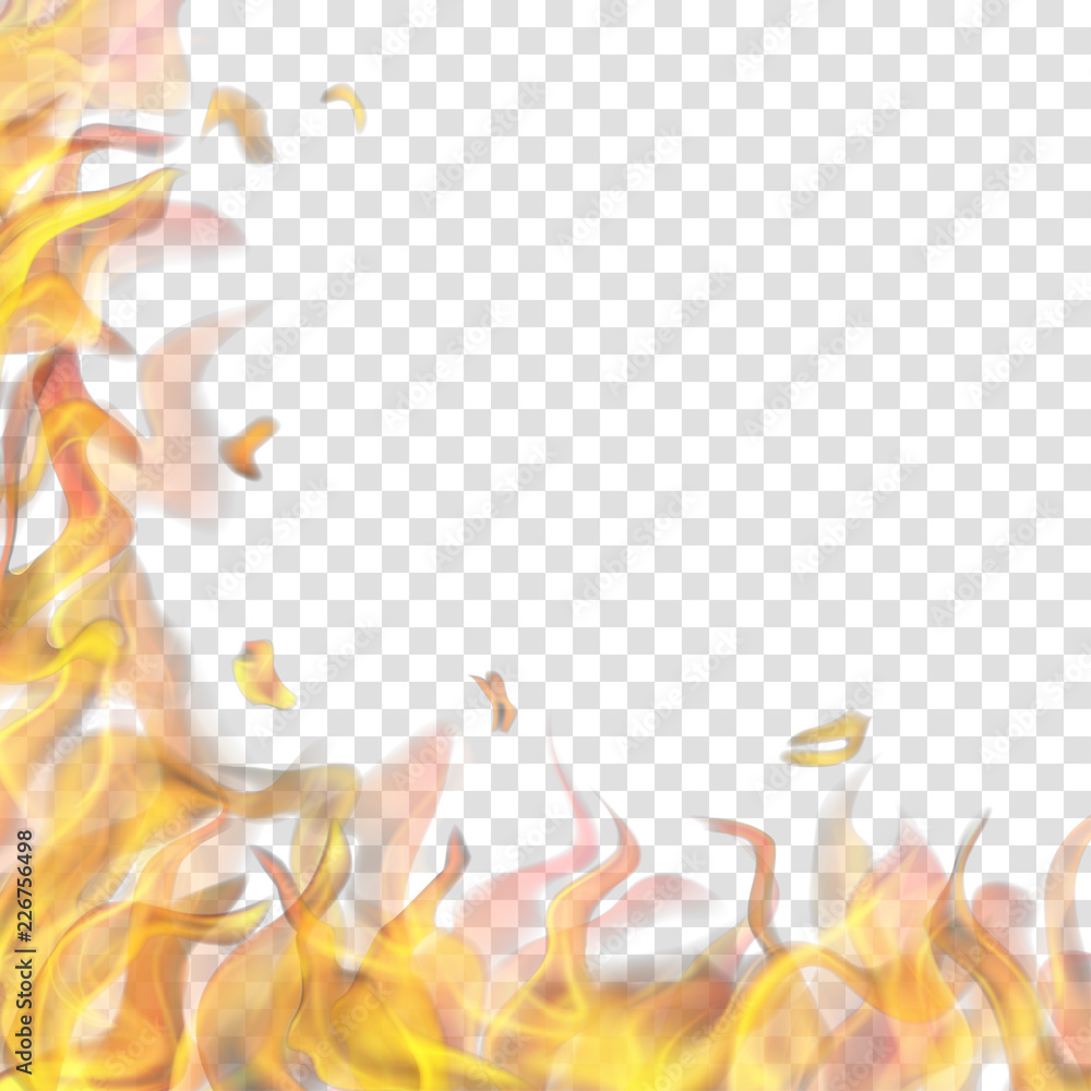 Translucent fire flame on left and below on transparent background. For ...